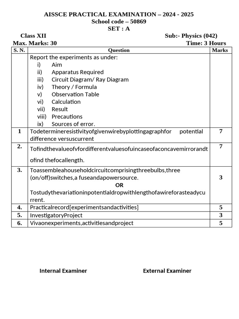 Aissce Practical Examination Physics Paper Set - A | PDF