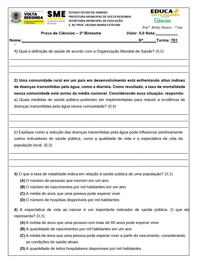Prova 7 Ano 2 Bimestre 701 Ciências | PDF | Vacinas | Qualidade da água