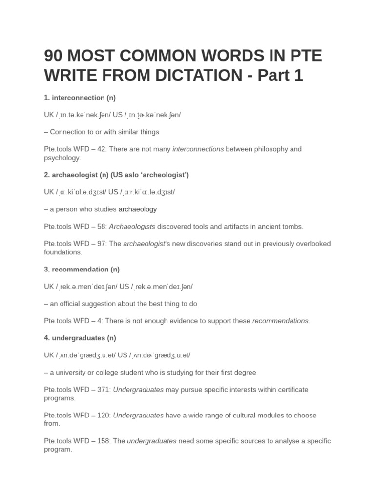 Top 90 PTE Dictation Words List | PDF | Archaeology