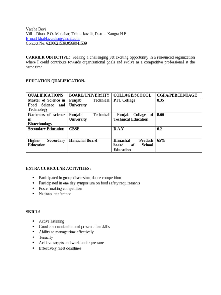 Varsha Devi - Food Science Resume | PDF