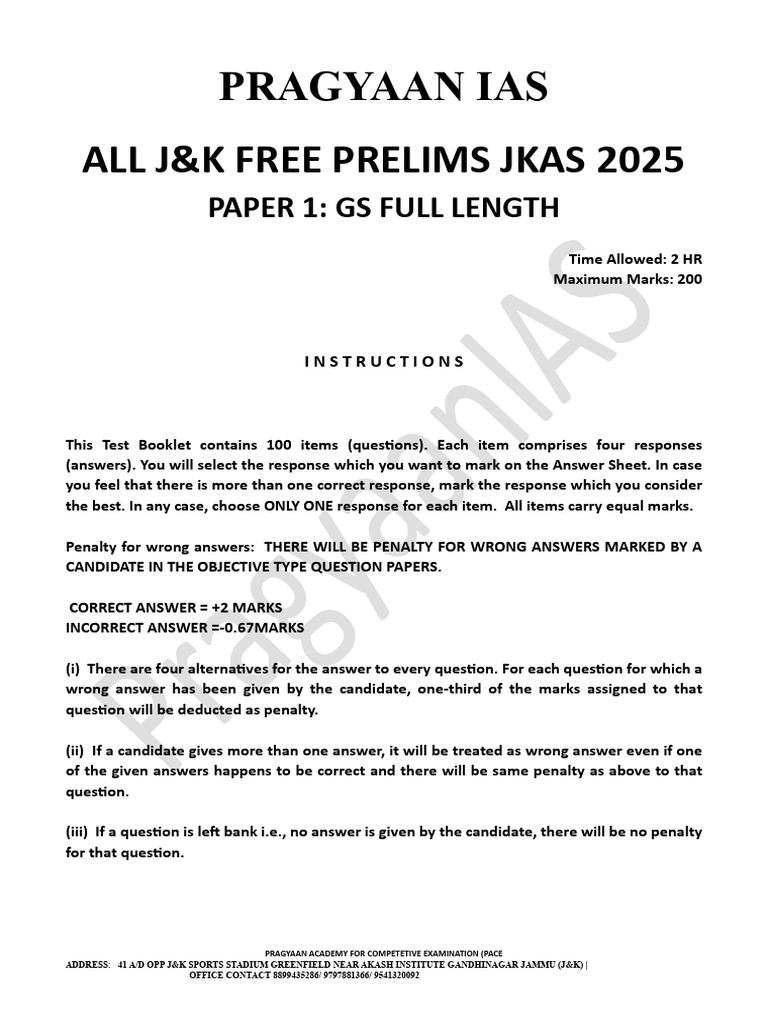 JKAS 2025 Free Prelims Mock Test | PDF | Prime Minister