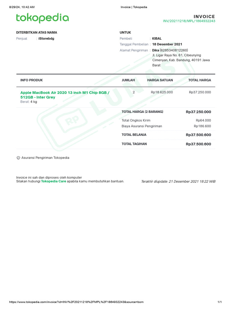 Invoice - Tokopedia Apple MacBook Air 2020 M1 512 GB | PDF