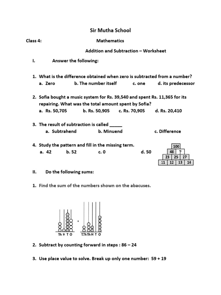 Class 4 Addition and Subtraction Worksheet | PDF