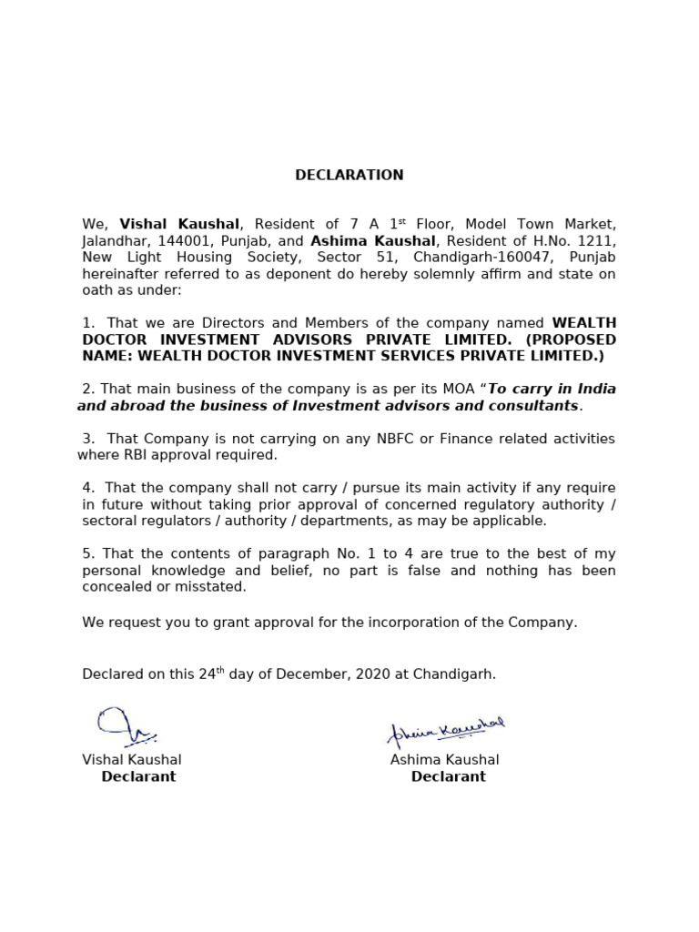 Declaration for Company Incorporation | PDF
