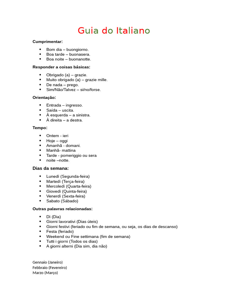 Vocabulário Básico em Italiano | PDF