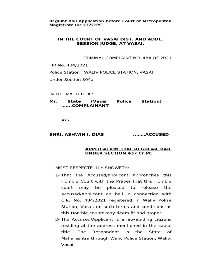 Regular Bail Application in Vasai Case | PDF | Bail | Crime & Violence