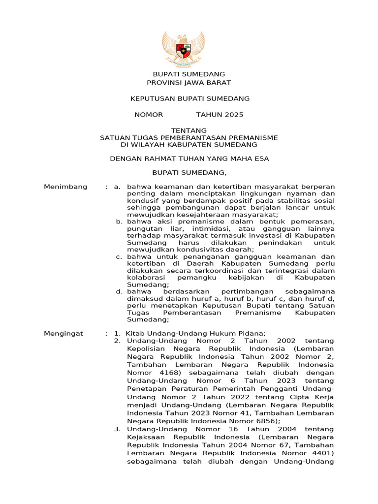 Draft SK Satgas Pemberantasan Premanisme Kabupaten Sumedang | PDF