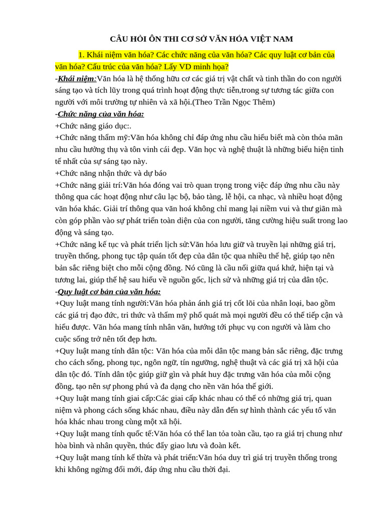 Câu hỏi ôn thi CSVHVN | PDF