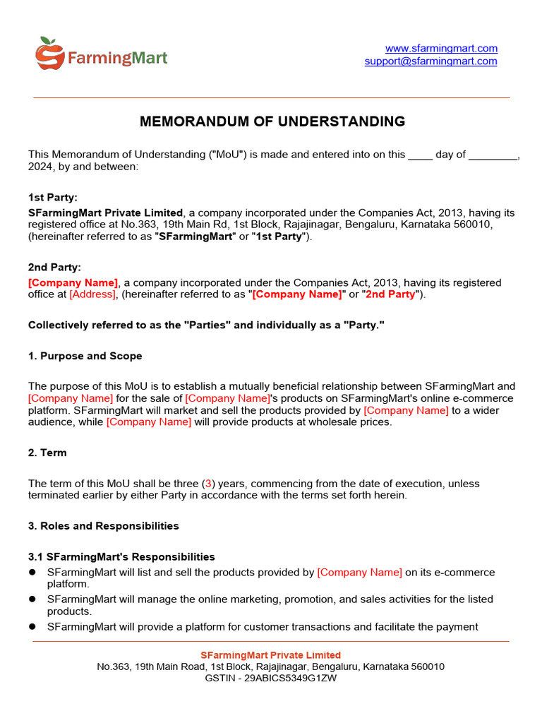 SFarmingMart - Draft MoU Final | PDF | Pricing | Receipt