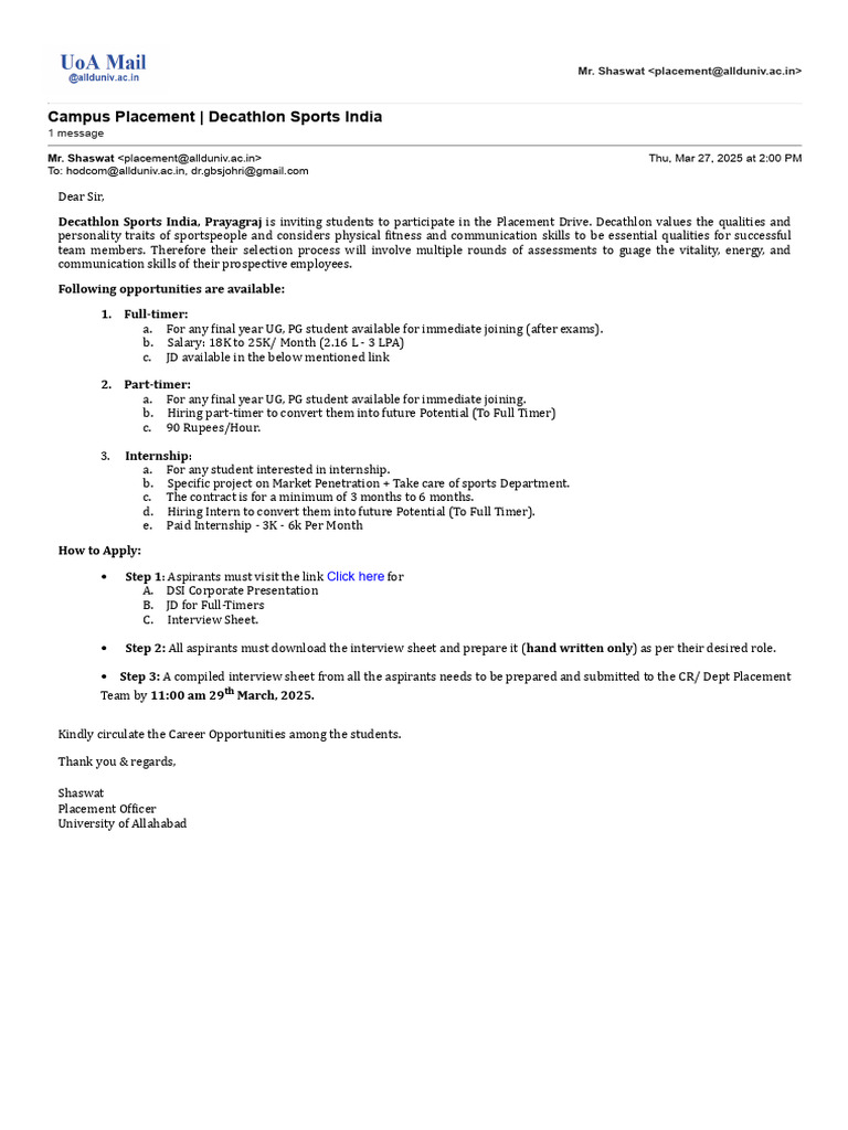 Campus Placement _ Decathlon Sports India | PDF