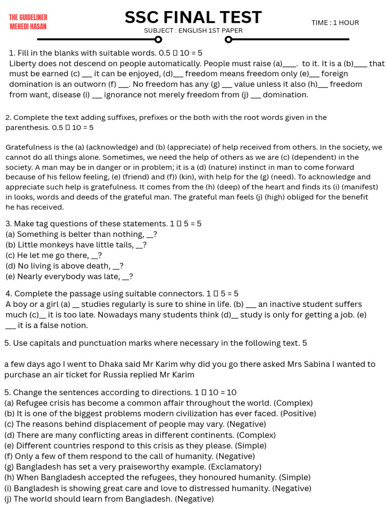 SSC English 1st Paper Final Test | PDF