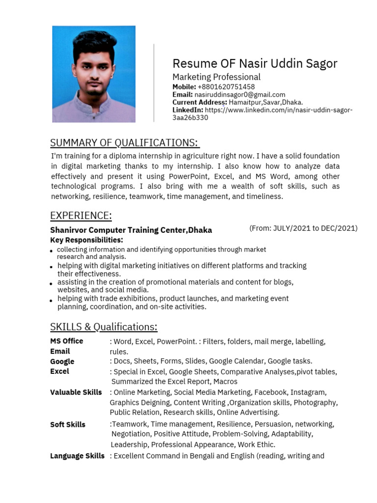 Resume of Nasir Uddin Sagor (1).pdf (2) (1) | PDF | Microsoft Excel ...
