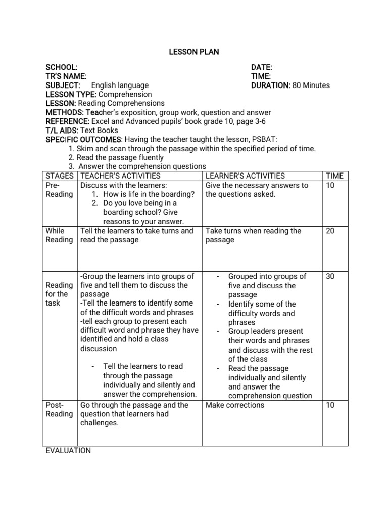 Grade 10 English LESSON PLANS | PDF | Reading Comprehension | Question