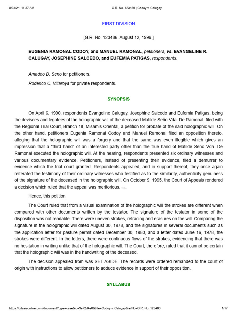 G.R. No. 123486 - Codoy v. Calugay | PDF | Will And Testament | Witness