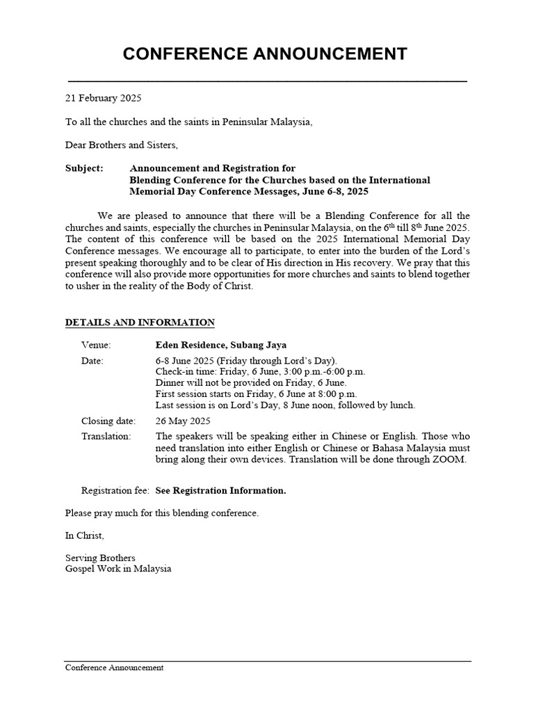 Blending Conference For The Churches Based On MDC 2025 | PDF | Meal