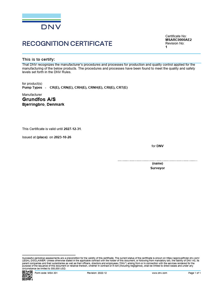 DNV Recognition Certificate for Grundfos Pumps | PDF
