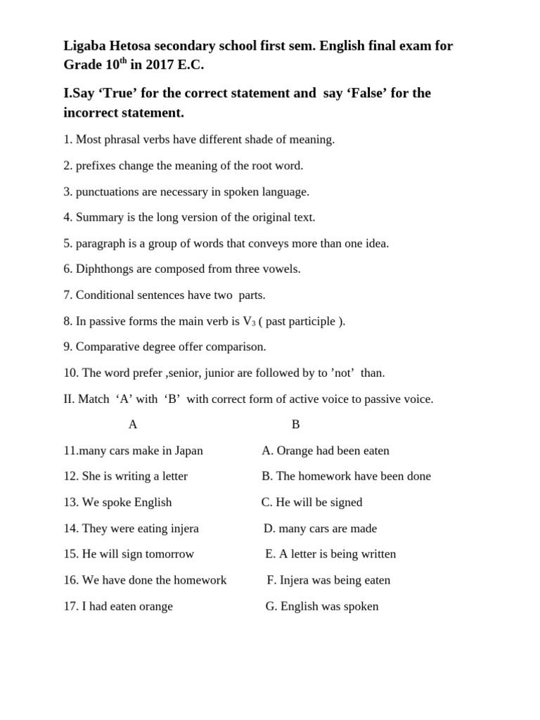 Grade 10th English exam | PDF | English Language | Syntax