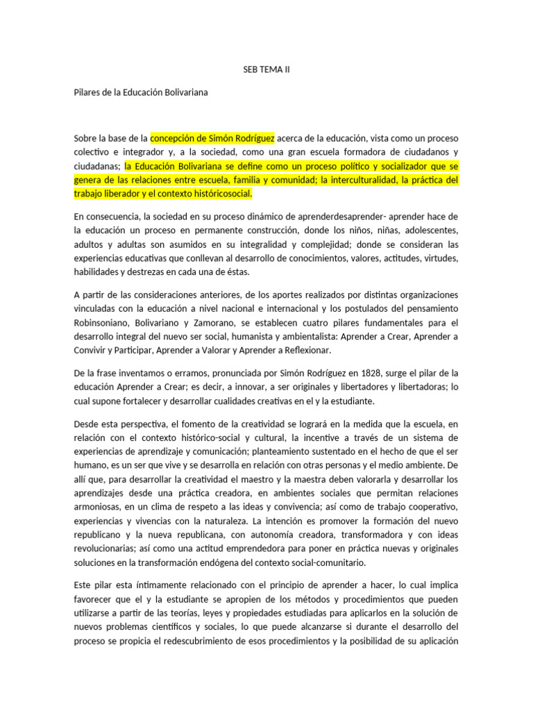 Pilares de la Educación Bolivariana | PDF | Aprendizaje | Pensamiento