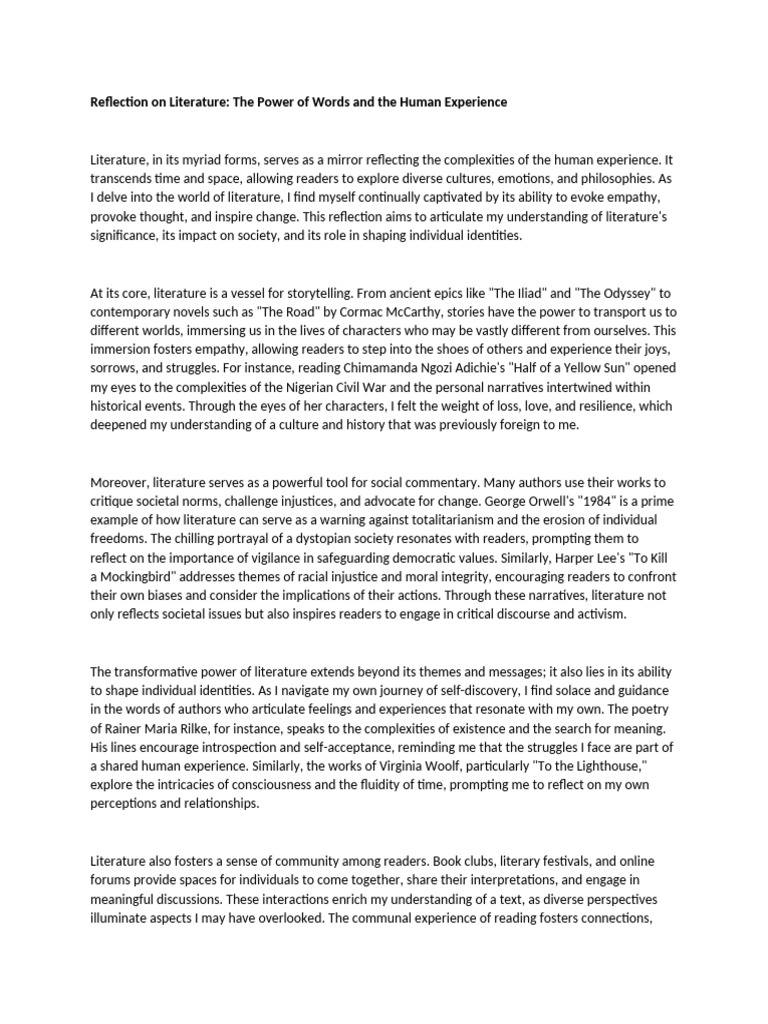 Reflection On Literature | PDF | Narrative