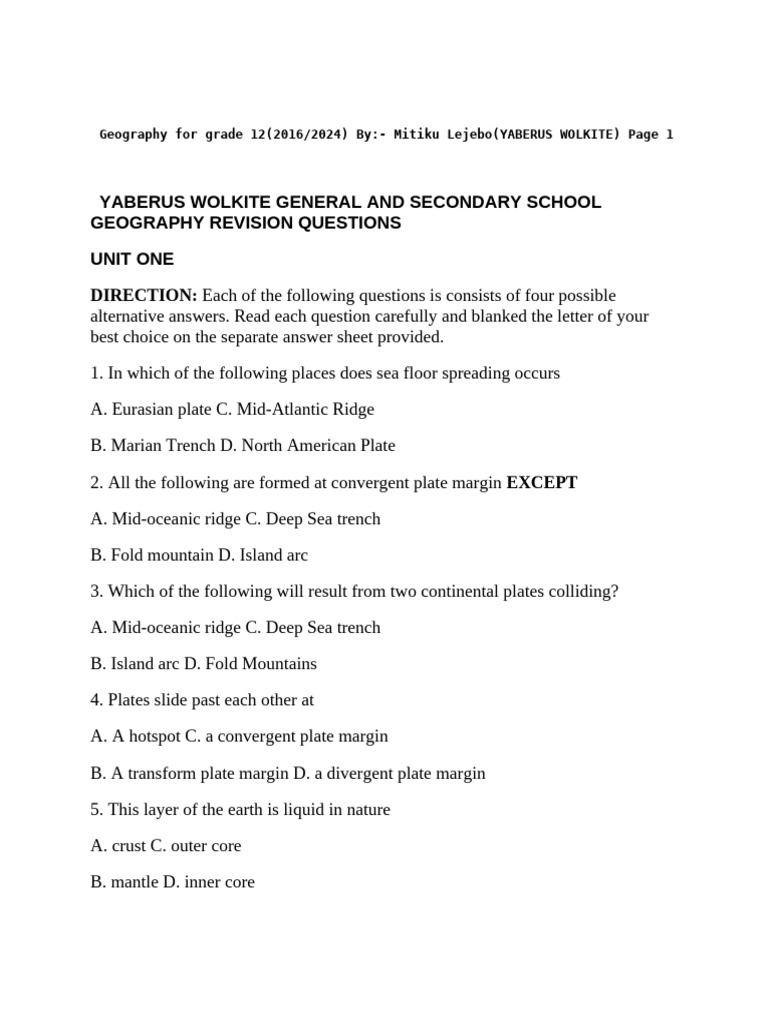 Geography For Grade 12 | PDF | Plate Tectonics | Volcano