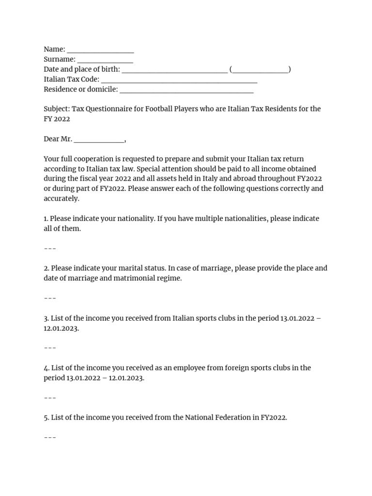 Tax Questionnaire for Football Players | PDF | Taxes | Securities (Finance)