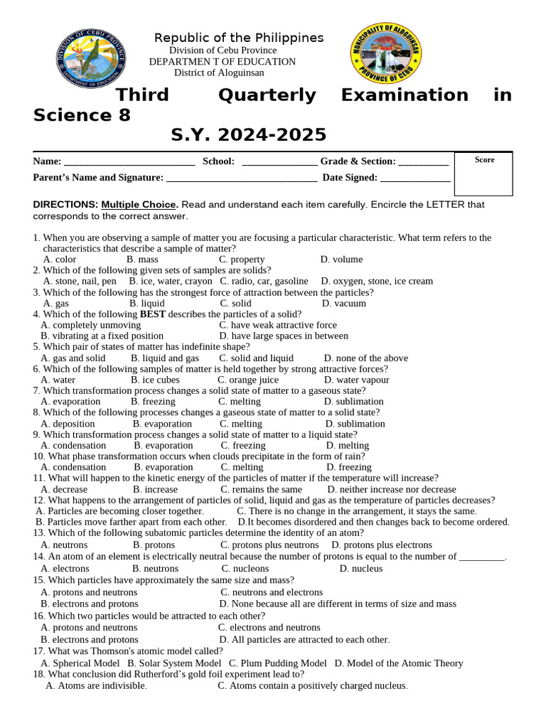 Science-8-THIRD-QUARTERLY-EXAMINATION.2024-2025 | PDF | Proton | Atoms