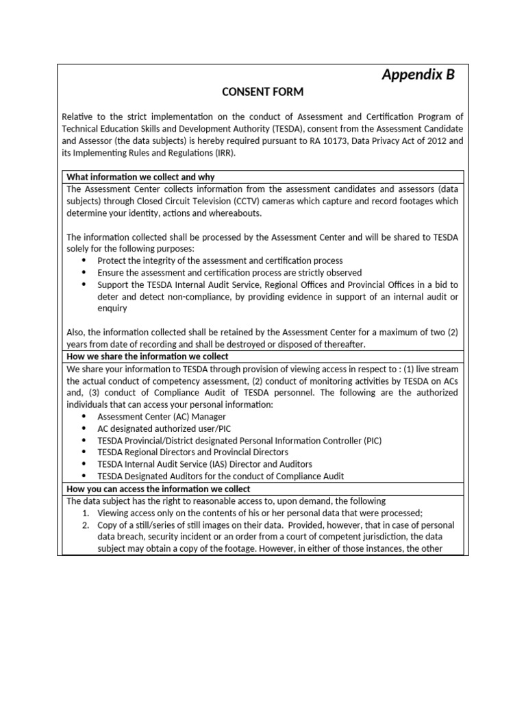 CONSENT FORM Appendix B | PDF | Audit | Regulatory Compliance