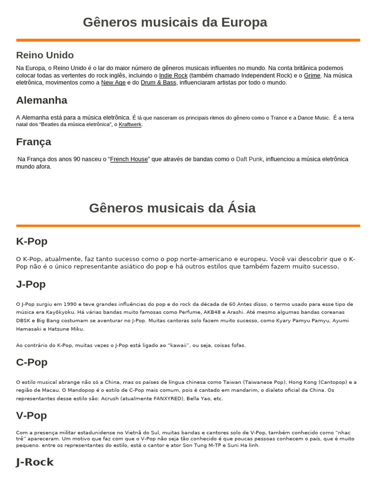 Gêneros Musicais na Europa e Ásia | PDF | Rock (música) | Música pop