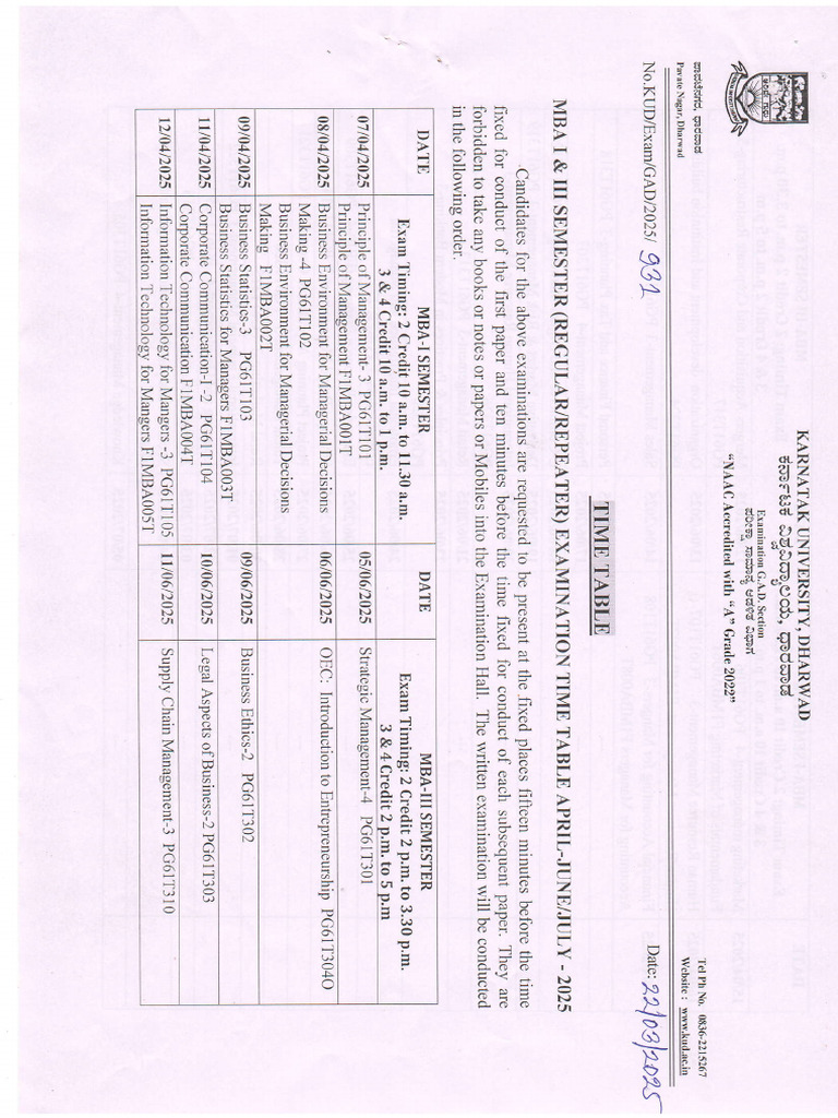 MBA-MBA Logistics and MCA - 1 & 3 Semester Theory Exam Time Table April ...