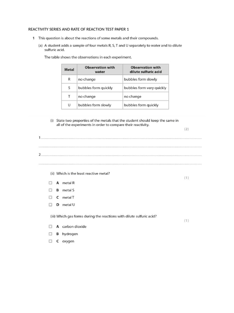 Reactivity Series and Rate of Reaction Test Paper 1 | PDF