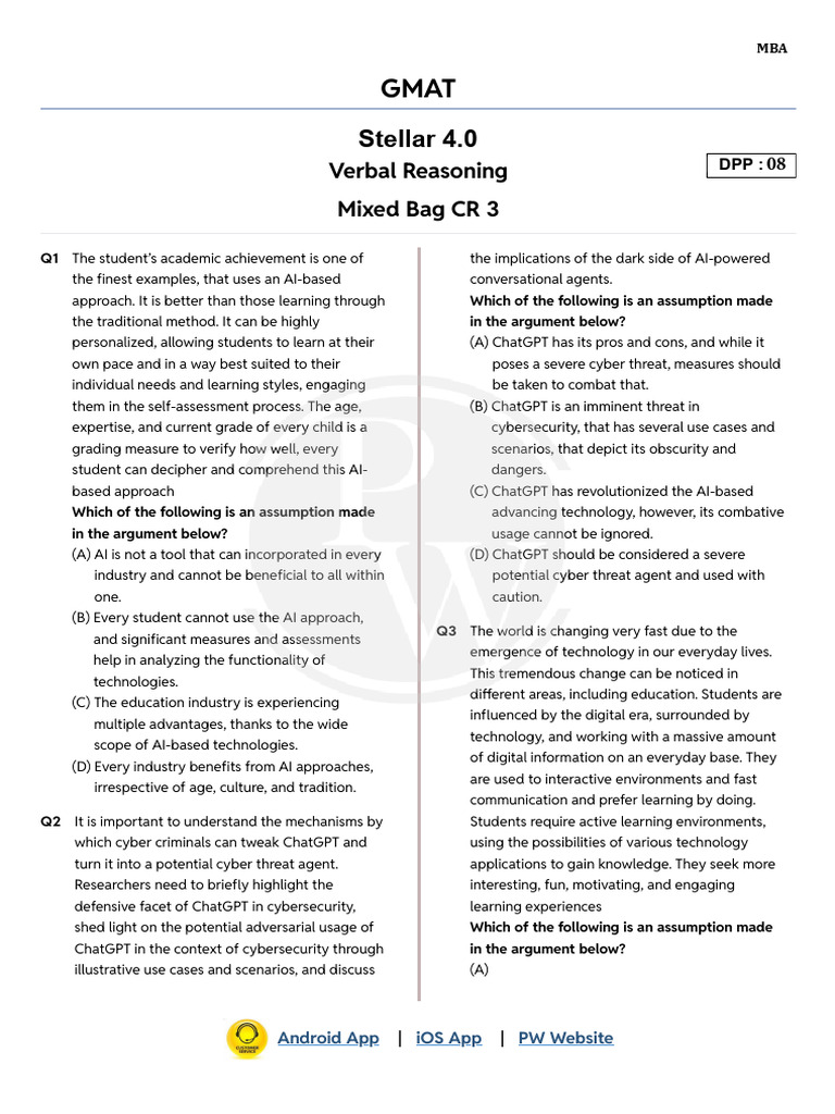 Critical Reasoning 08 - DPP 08 GMAT Stellar 4.0 | PDF | Learning | Quantum Mechanics