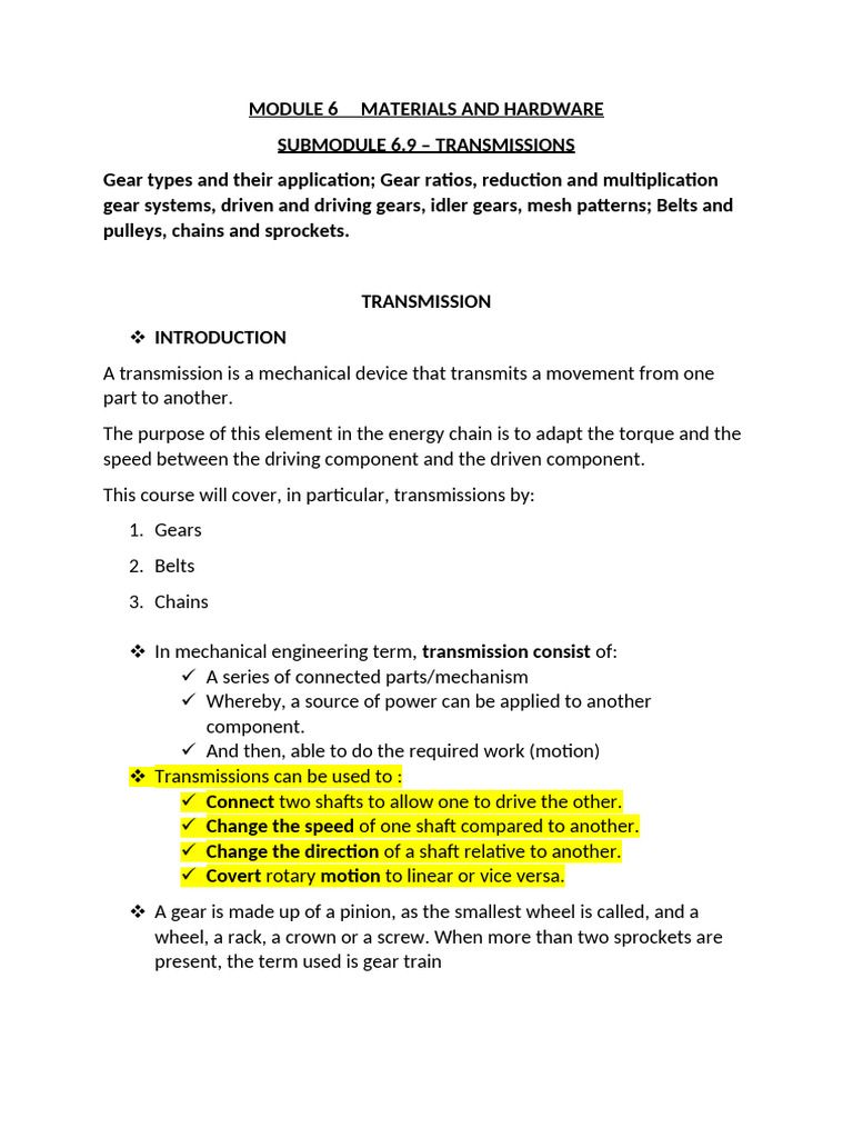 Module 6.9 Key Points | PDF | Gear | Belt (Mechanical)