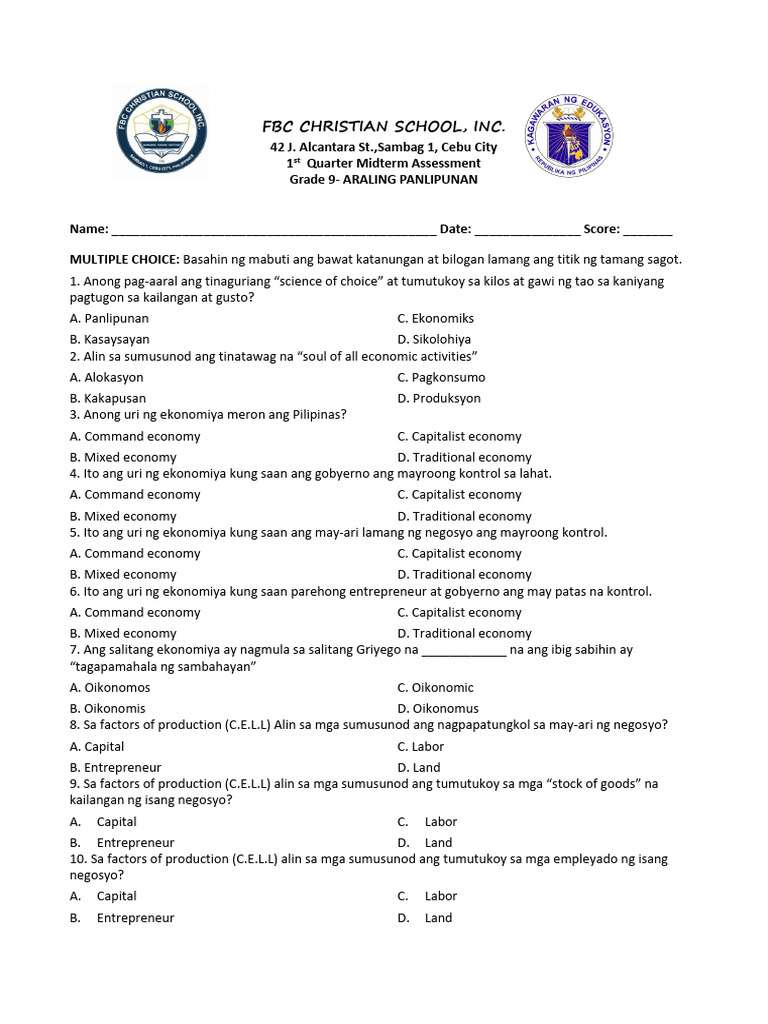 Grade 9 - Ap (1ST Quarter Midterm Assessment) | PDF