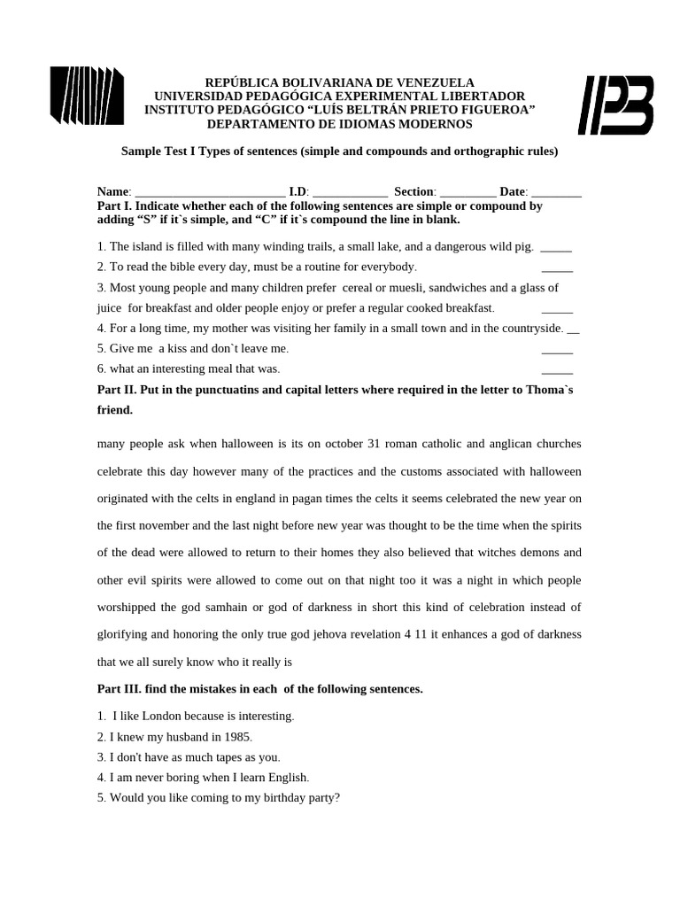 Sample test for sentence strutcture and orthographic rules | PDF