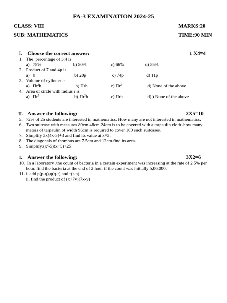 8th Class Fa 3 Maths Question Paper Pdf