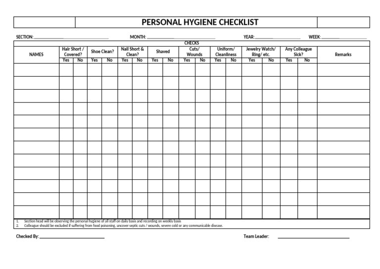 Personal Hygiene Checklist | PDF