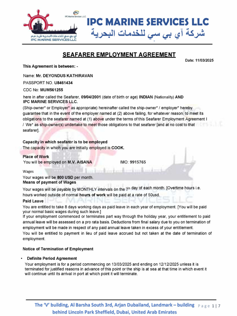 Seafarer Employment Agreement Ipc Marine Uae Deyondus Kathiravan | PDF