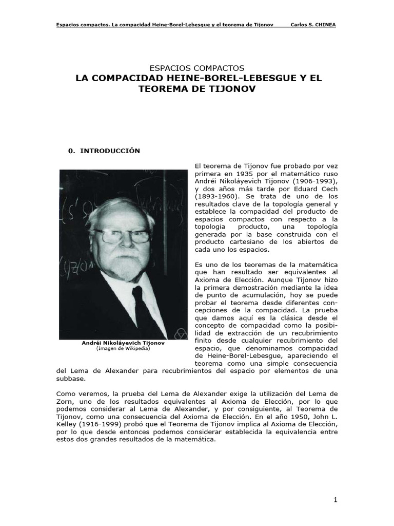 Espacios Compactos.La compacidad Heine-Borel-Lebesgue y el Teorema de Tijonov.(Chinea) | PDF ...