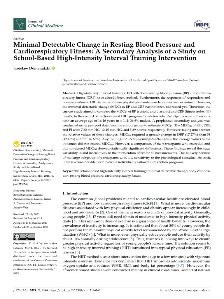 Minimal Detectable Change in Resting Blood Pressure and Cardiorespiratory Fitness A Secondary ...