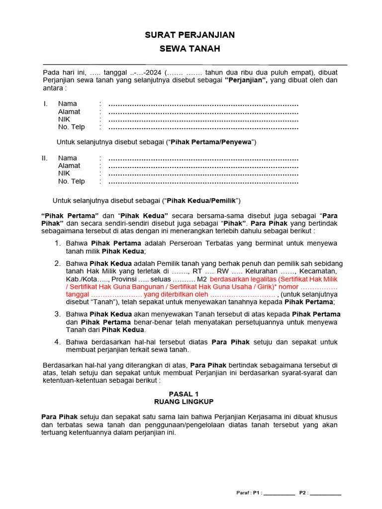 Surat Perjanjian Sewa Tanah 2024 | PDF