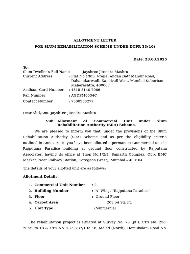 Allotment Letter Sra Rehab | PDF | Lease | Government