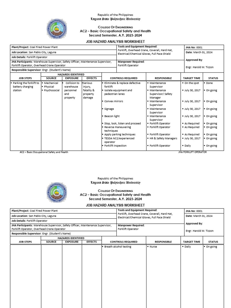 JHA ForkLift Operator Example | PDF | Occupational Safety And Health ...