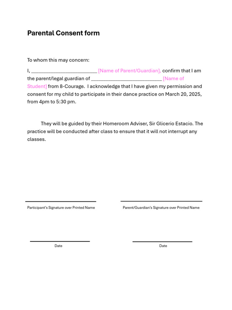 Parental Consent Form After Class Practice | PDF