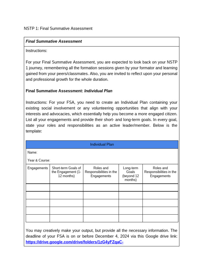 NSTP 1 Final Assessment Individual Plan | PDF | Learning | Cognition