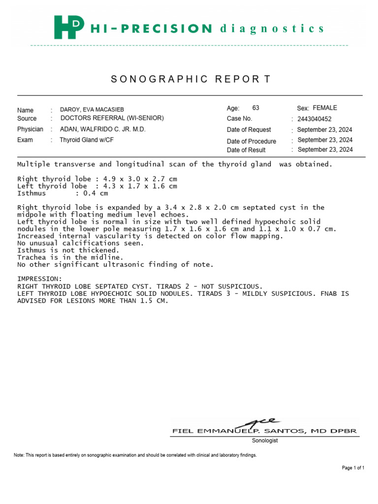Thyroid Ultrasound Report for Female 63 | PDF