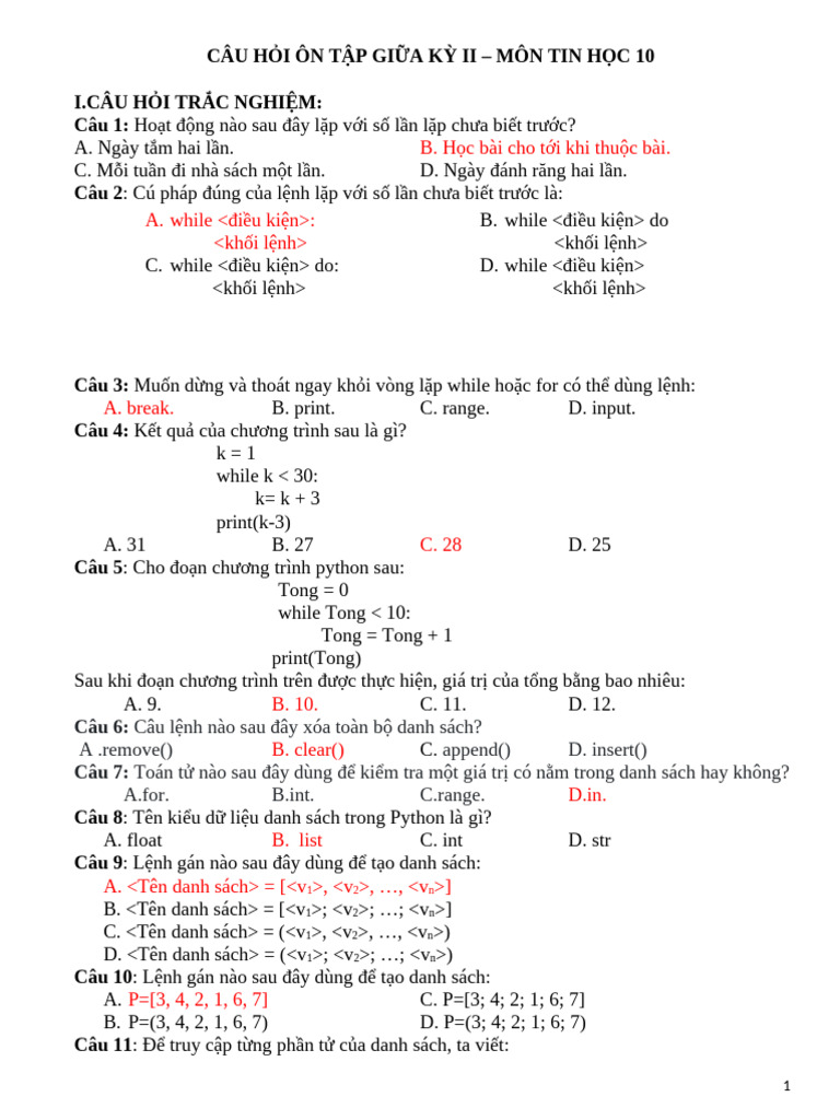 DAP AN CAUHOIONTAP GK2 - Tin 10 - 2425 (GV) | PDF