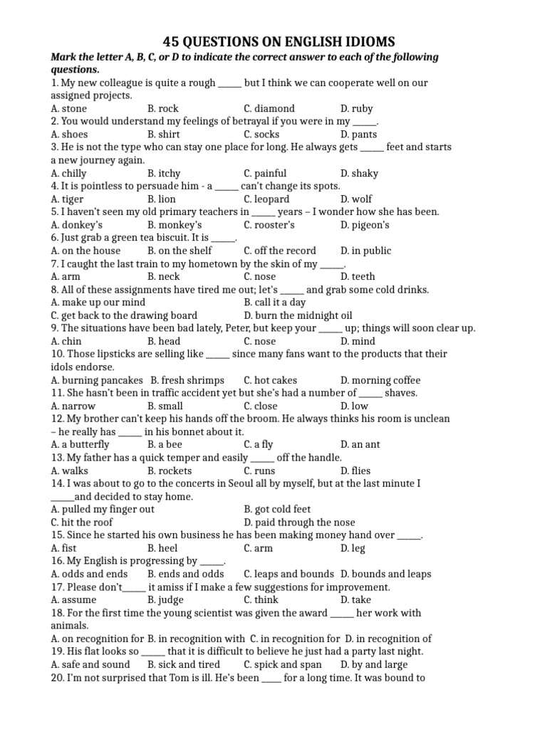 English Idioms Quiz: 45 Questions | PDF