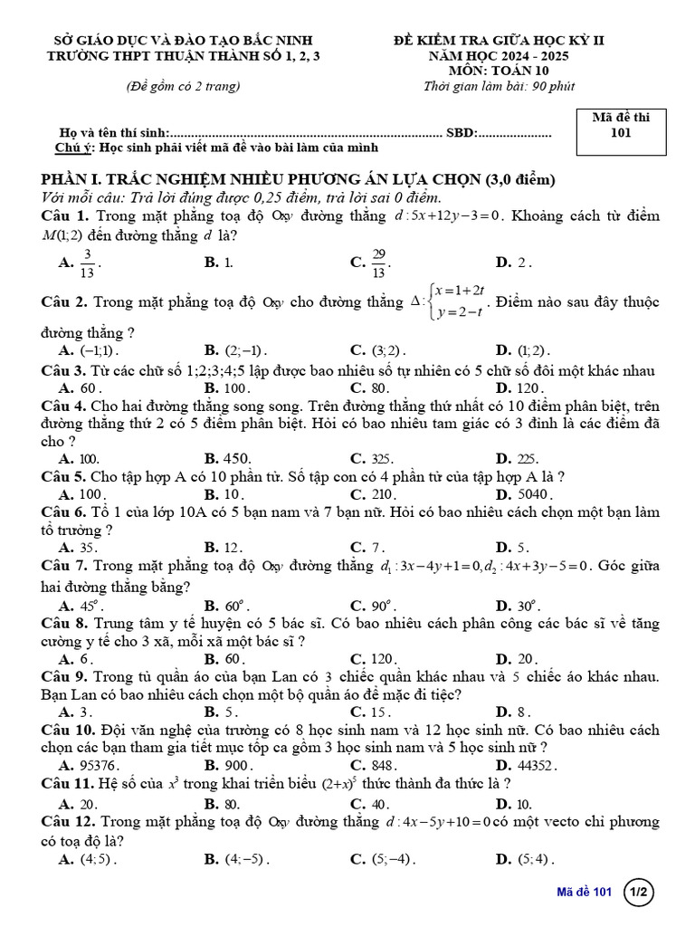 De Giua Ky 2 Toan 10 Nam 2024 2025 Truong Thpt Thuan Thanh 1 2 3 Bac Ninh | PDF