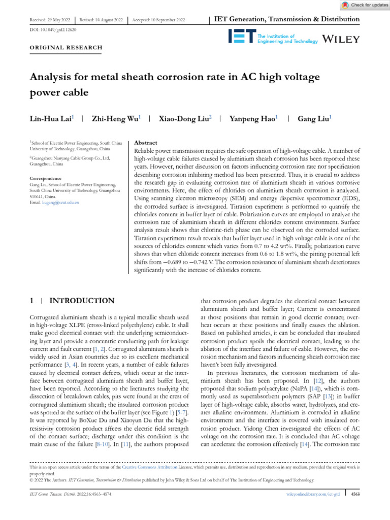 Iet Generation Trans Dist 2022 Lai Analysis For Metal Sheath Corrosion Rate In Ac High
