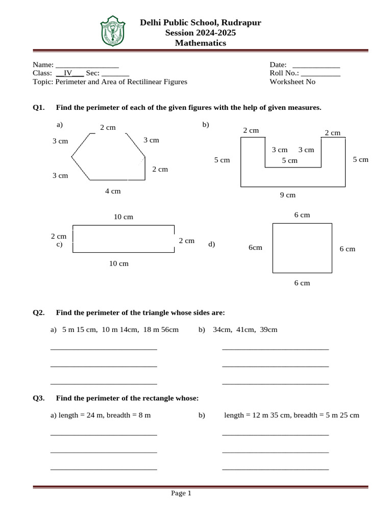 Perimeter and Area Worksheet for Class IV - updated | PDF | Length | Area